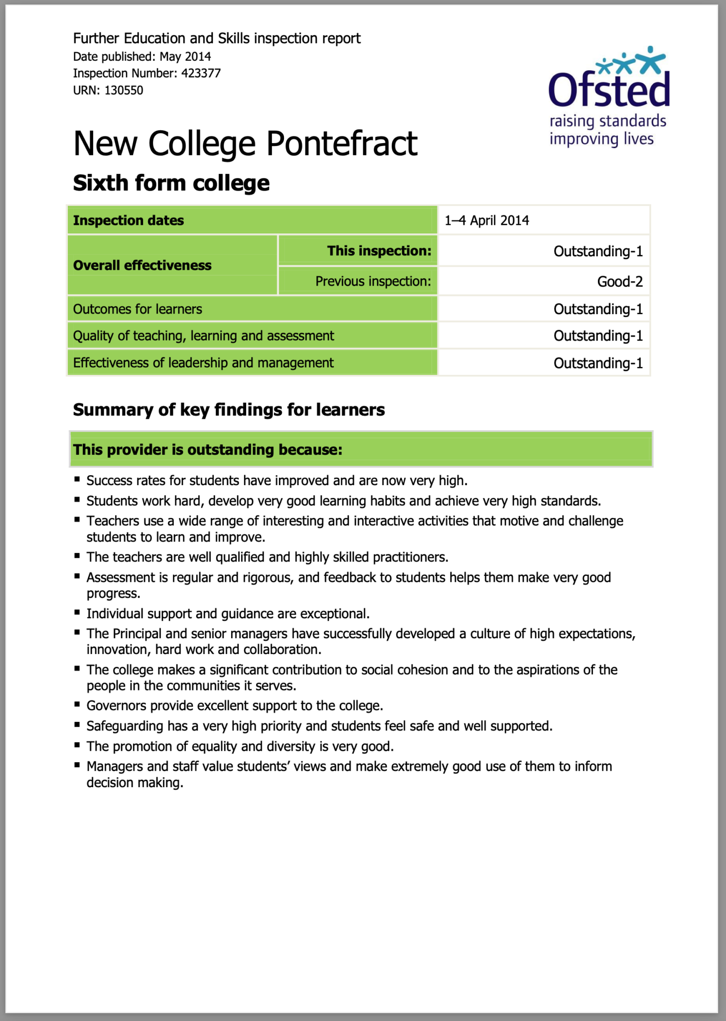 Ofsted Report : New College Pontefract